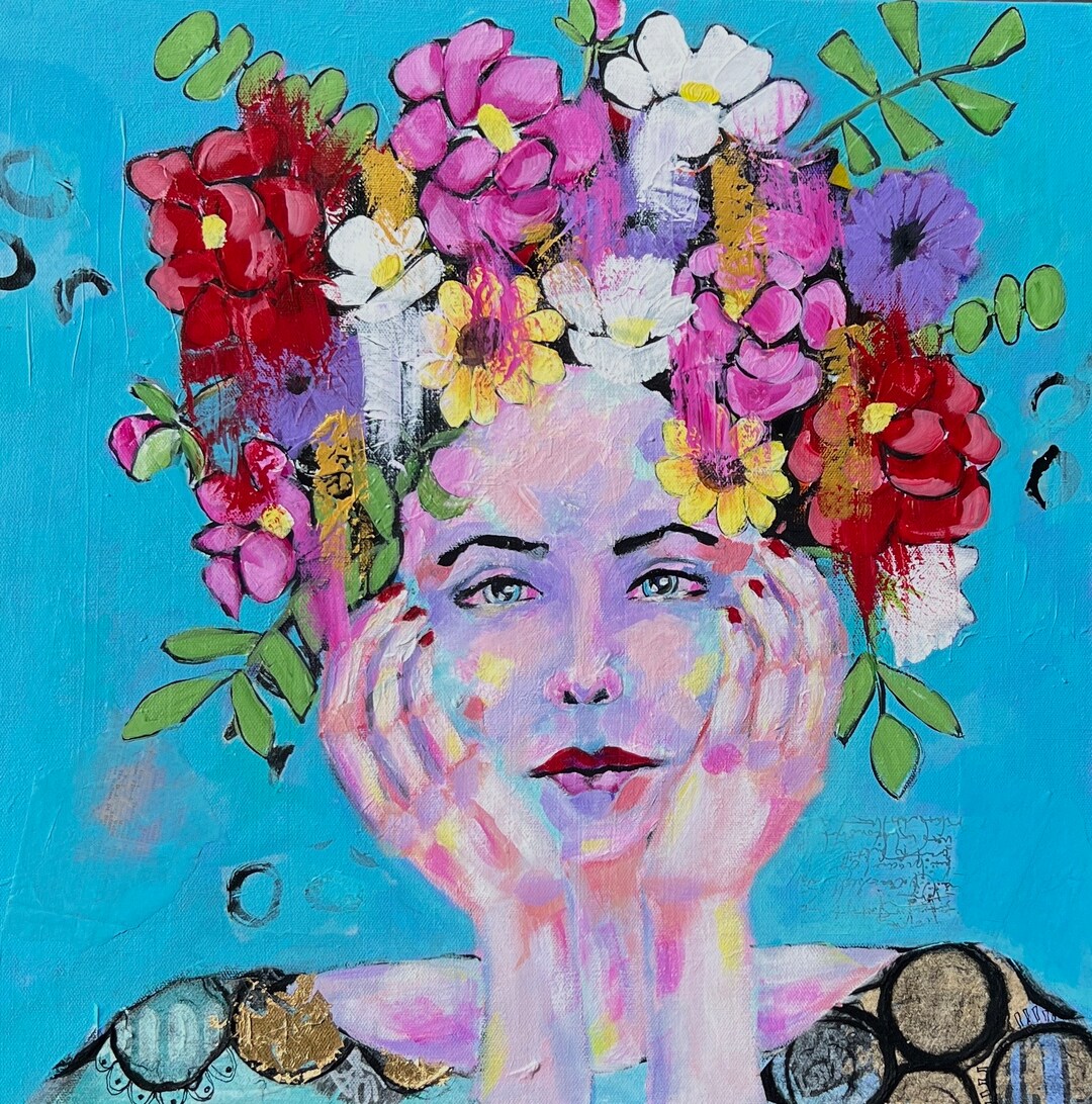 Contemporary Portrait, Female,flowers in Her Hair, Blue, Floral ...