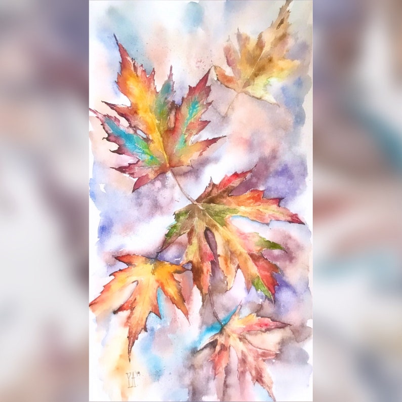 Original Watercolor Fall Maple Leaves painting 45x24 cm Bright | Etsy