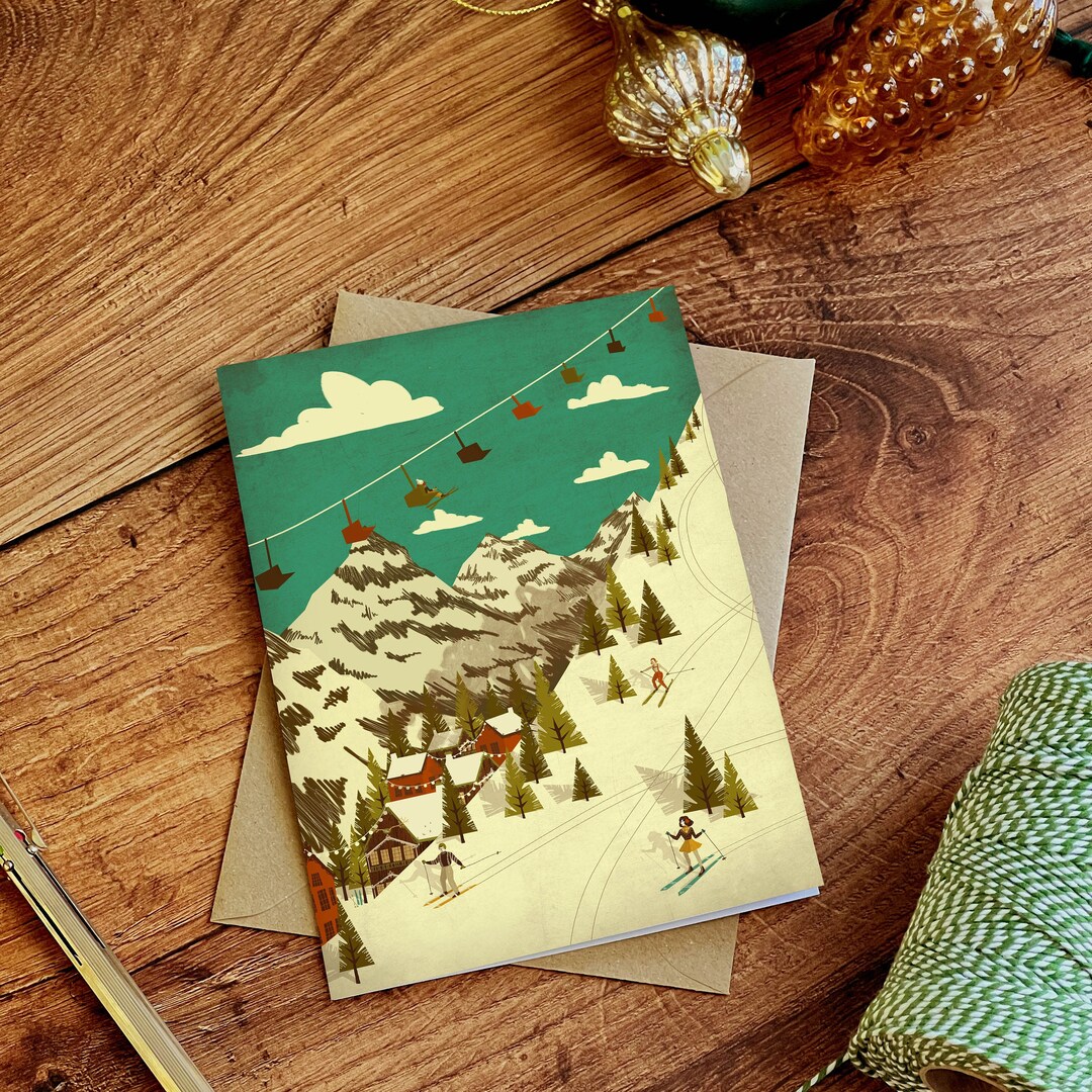 Skiing Winter Illustration Greeting Card Set - Etsy