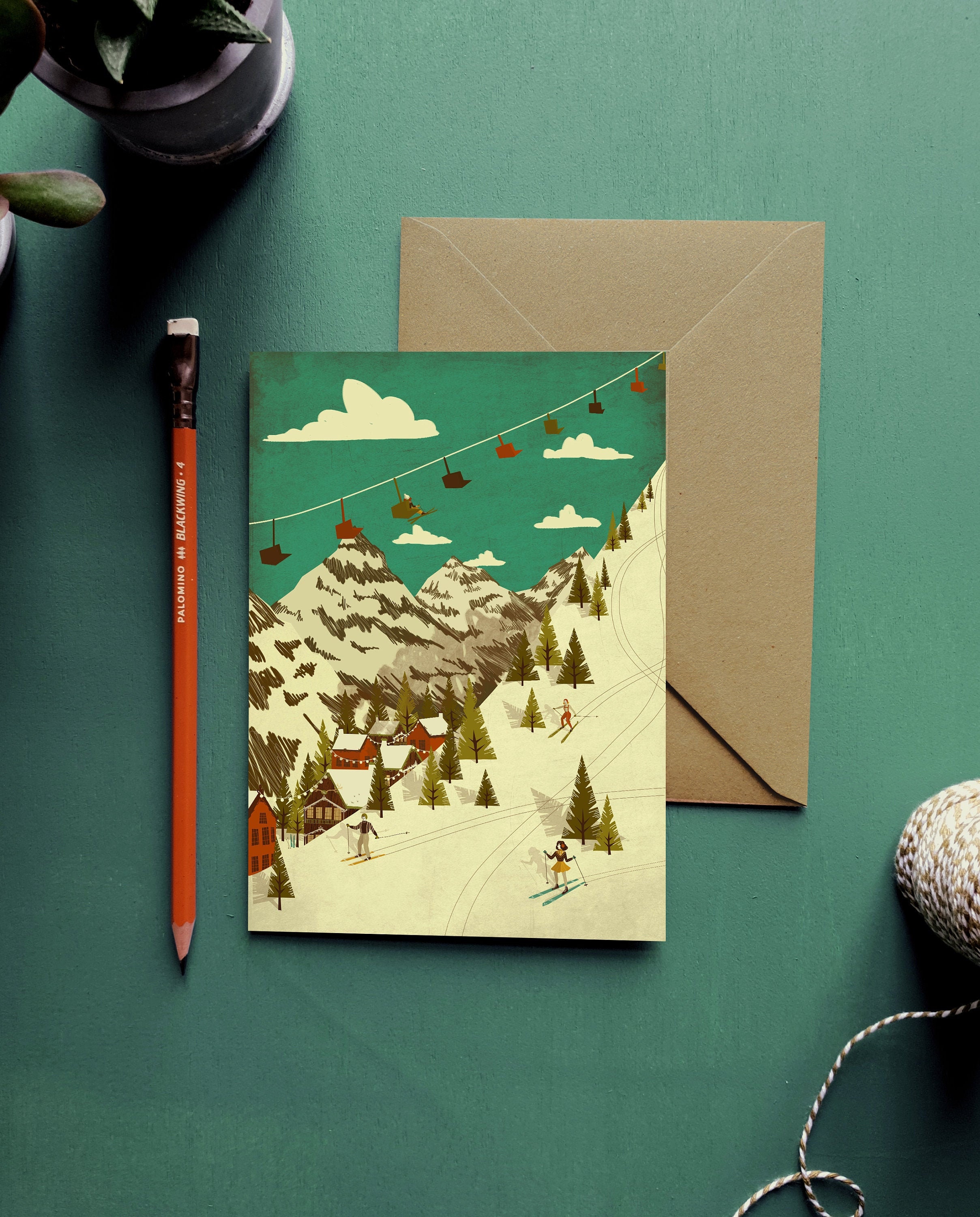 Skiing Christmas Illustration Greeting Card Set - Etsy