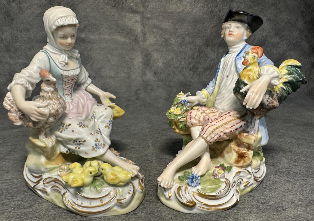 Pair Antique Carl Thieme Dresden Germany Saxon Porcelain Farm Boy Girl ...