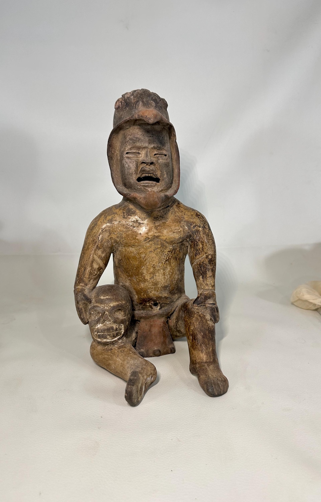 Pre Columbian Olmec Mesoamerica Clay Figure Man W Headdress Skull ...
