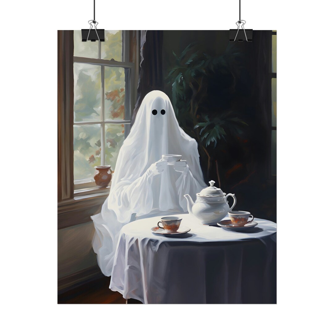 Halloween Ghost Print Cute White Ghost Drinking Tea Rolled - Etsy