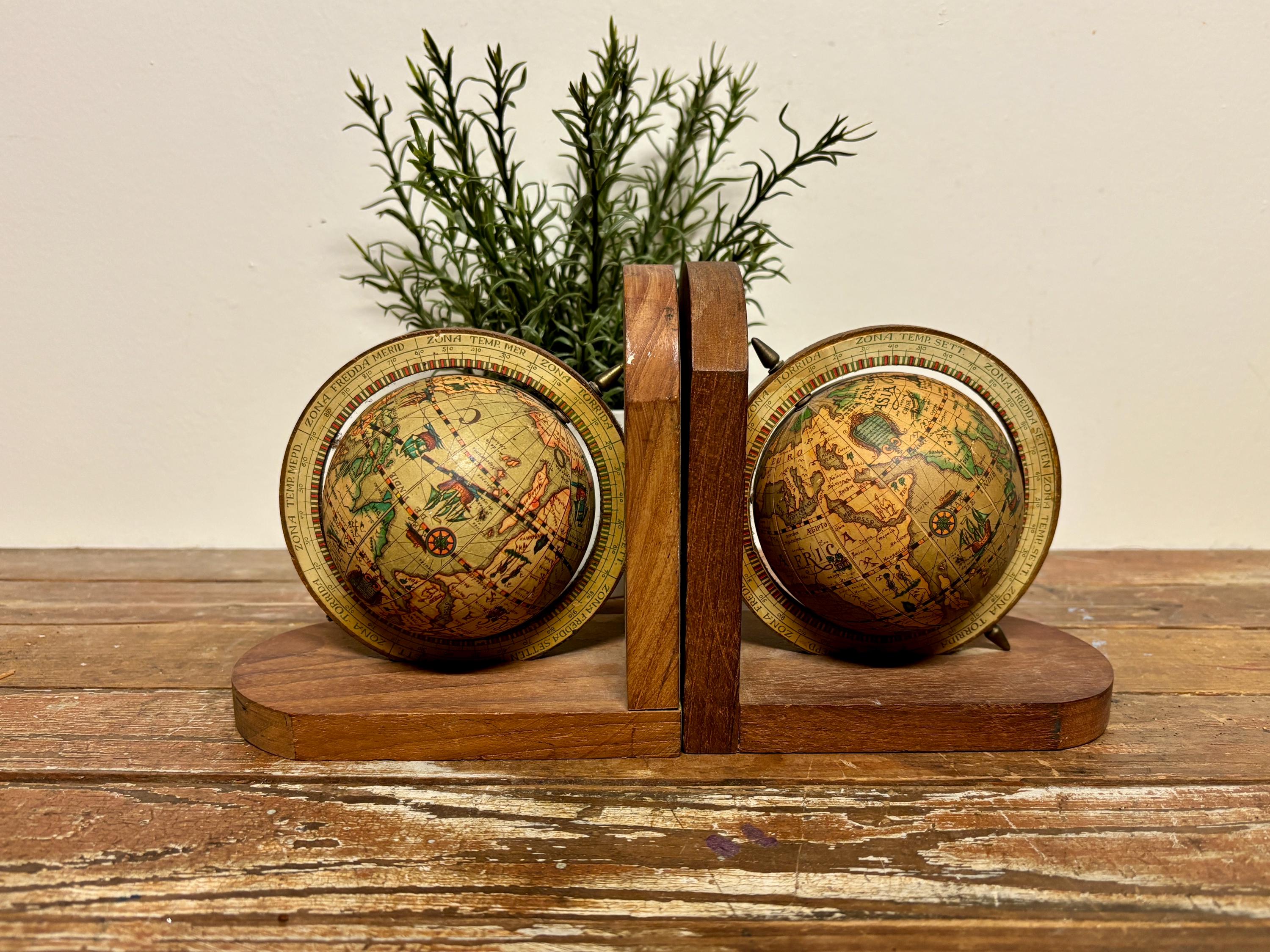 Vintage Wood Globe Bookends…world Map. Hardwood. Library. Modern ...