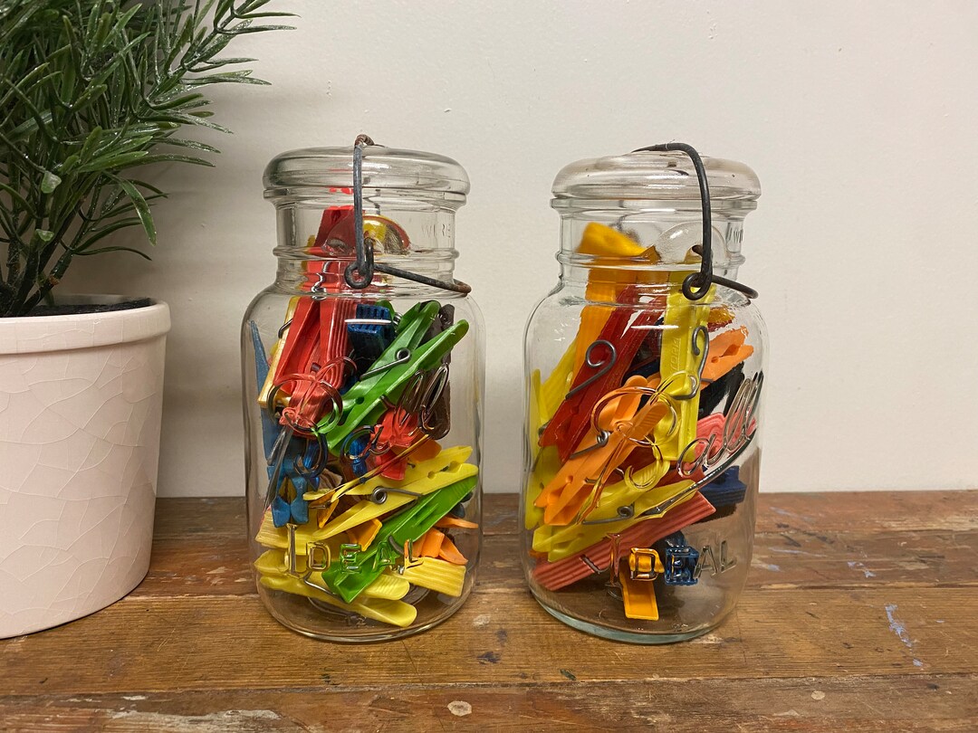 Vintage Ball Jar With Colorful Clothespins: MCM Laundry Decor - Etsy