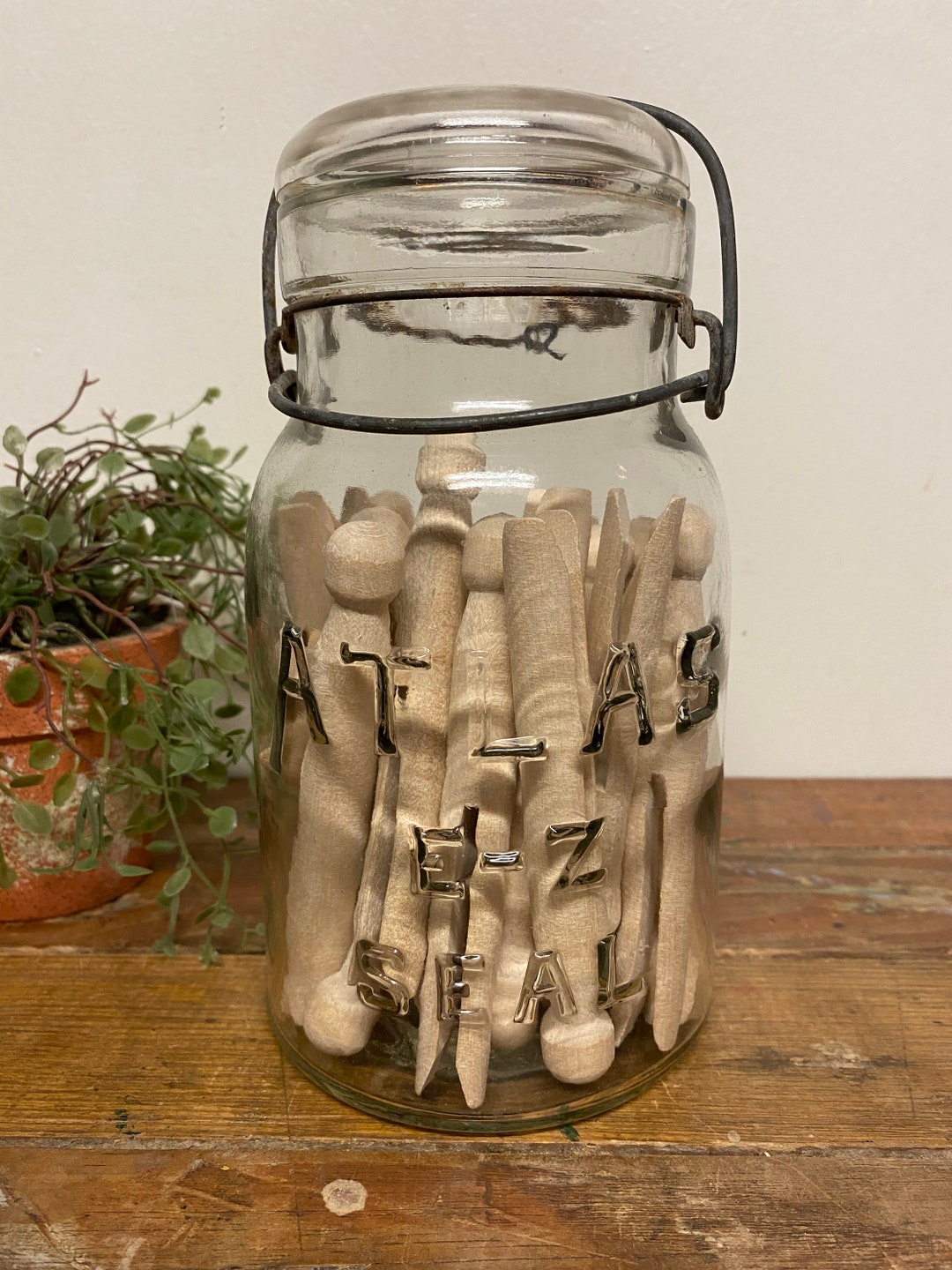 Antique Atlas Glass Clothespin Jar...ez Seal. Quart. Retro. Farmhouse ...