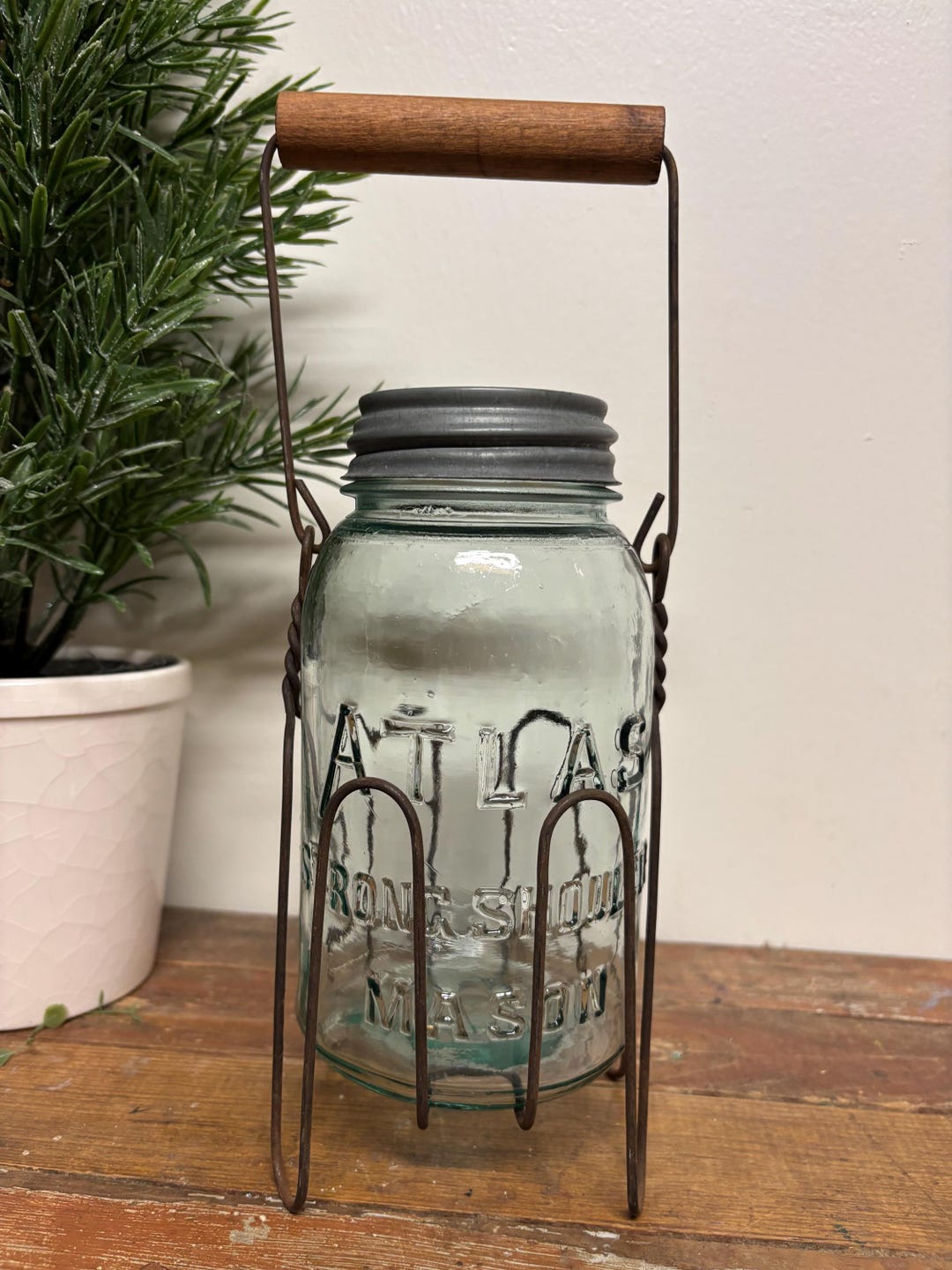 Antique Blue Atlas Quart Jar W/ Wire Holder…canning. Mason. Vintage ...
