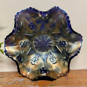 Vintage Ruffled Iridescent Cobalt Dish…blue. Glass. Fenton. Floral ...