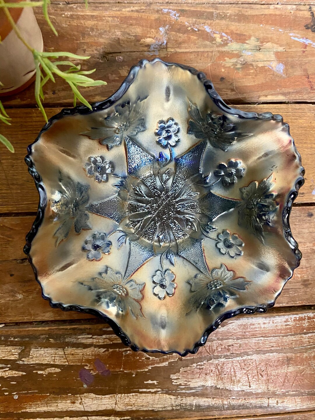 Vintage Ruffled Iridescent Cobalt Dish…blue. Glass. Fenton. Floral ...