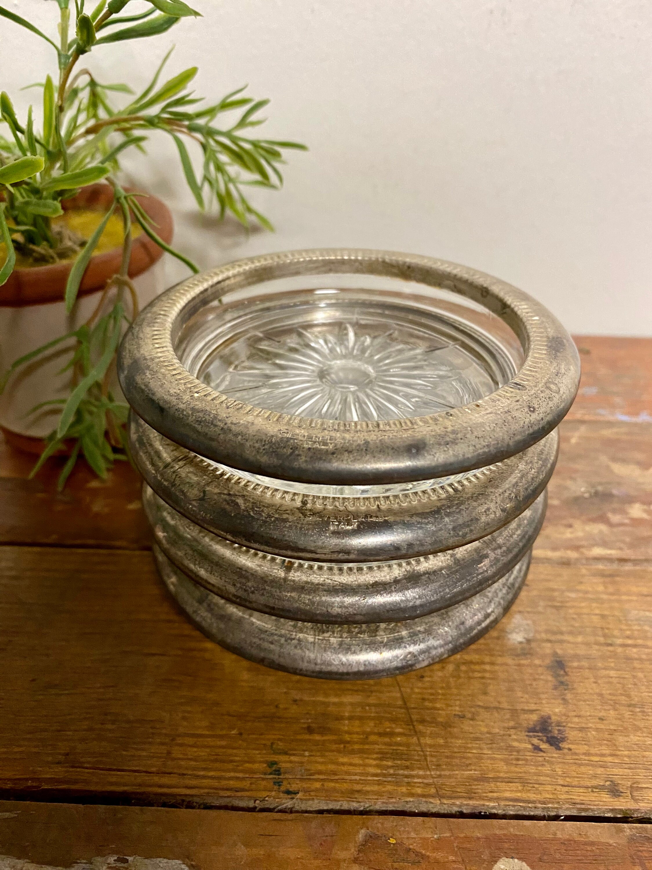 Vintage Cut Glass Coasters Set - Silver Plated, Mid-century Barware - Etsy