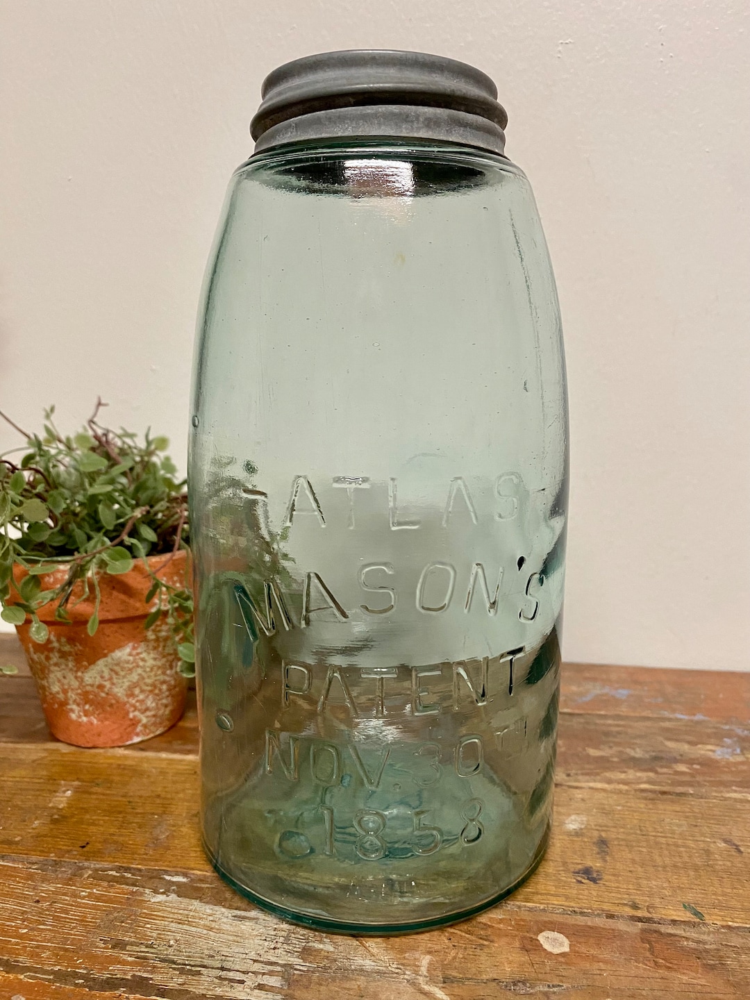Antique Atlas Half Gallon Mason Jar: Blue Glass, Zinc Lid, 1858 Patent ...