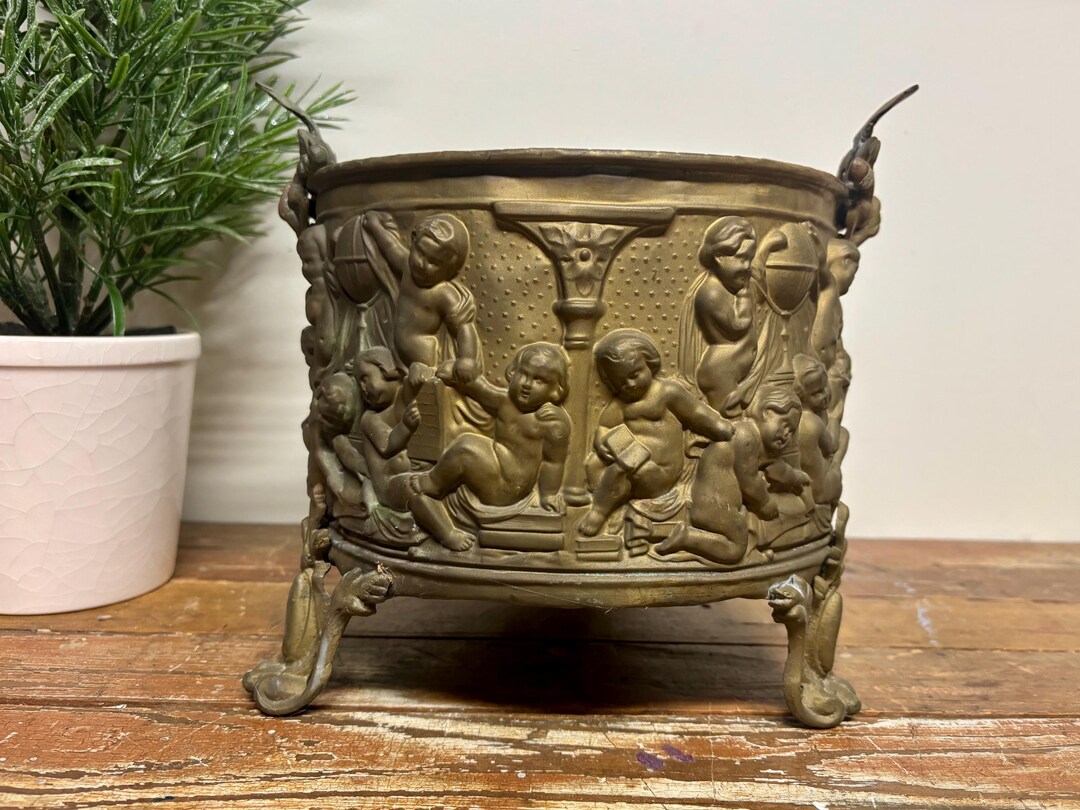 Antique Brass Jardiniere Planter: Repoussé Cherub Cachepot, Ornate ...