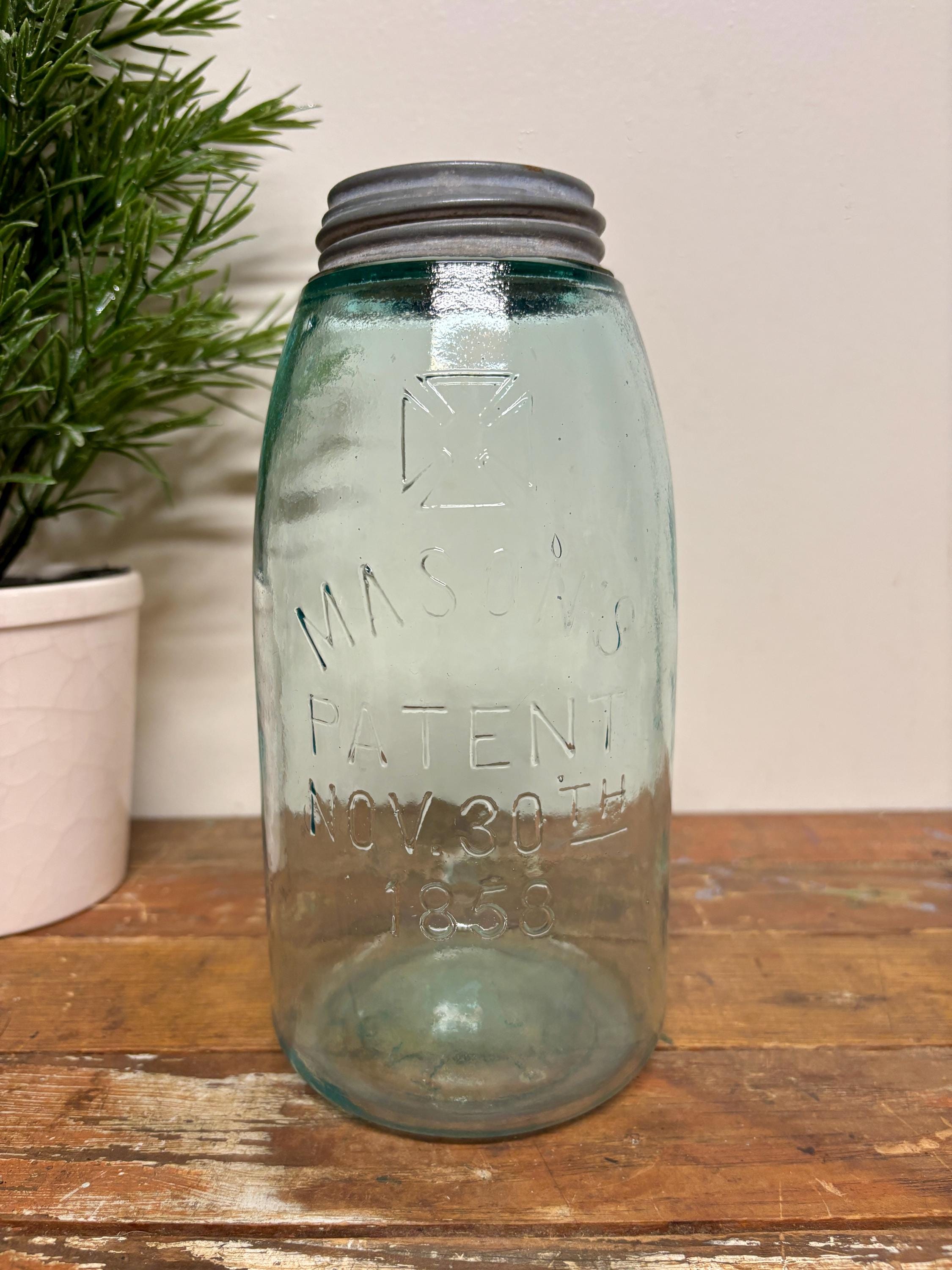 RARE Antique Half Gallon Mason Jar…patent 1858. Blue. Glass. Mason’s ...