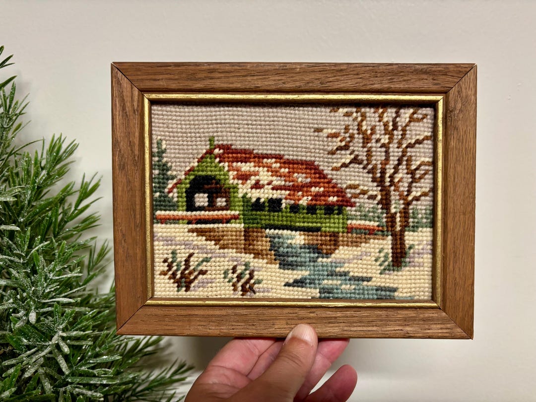 Vintage Winter Scene Needlepoint Stitch…snowy Scene. Covered Bridge ...