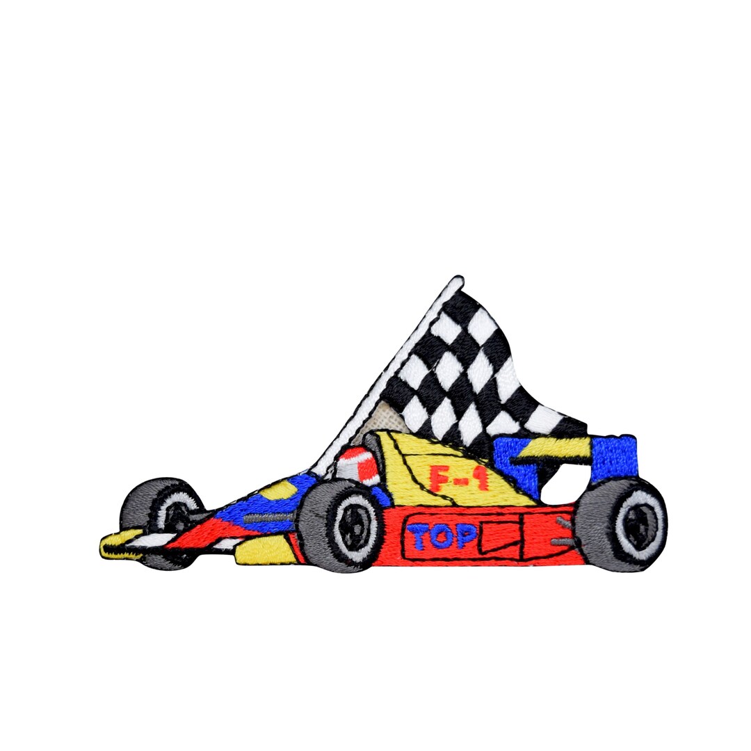 Yellow/red Race Car - Checkered Flag - Iron on Applique - Embroidered ...