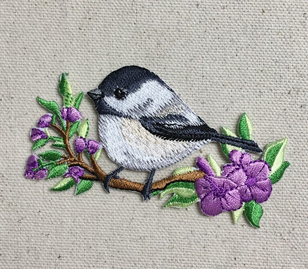 Chickadee - Bird - Sitting on Branch - Purple Flowers - Iron on ...