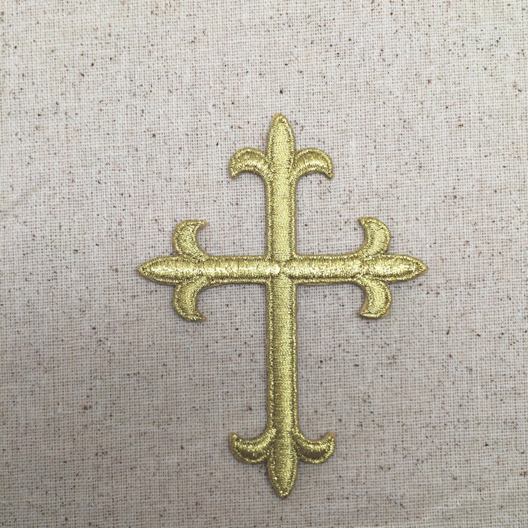 Fleur De Lis - Religious Cross - Gold - 4" - Embroidered Patch - Iron ...