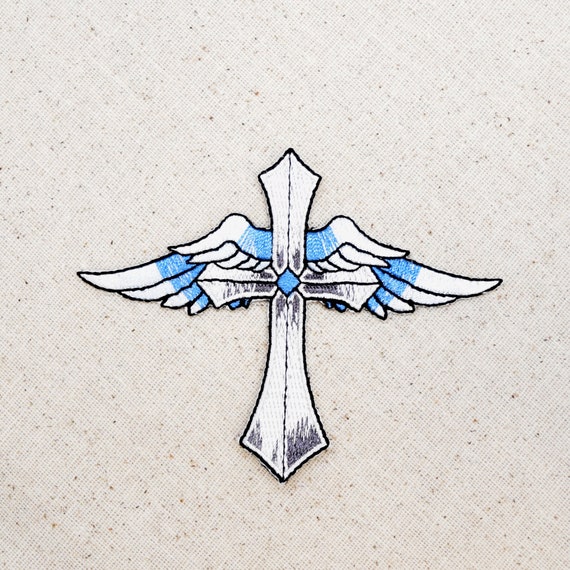 Cross With Blue Angel Wings Blue/gray Embroidered Patch | Etsy