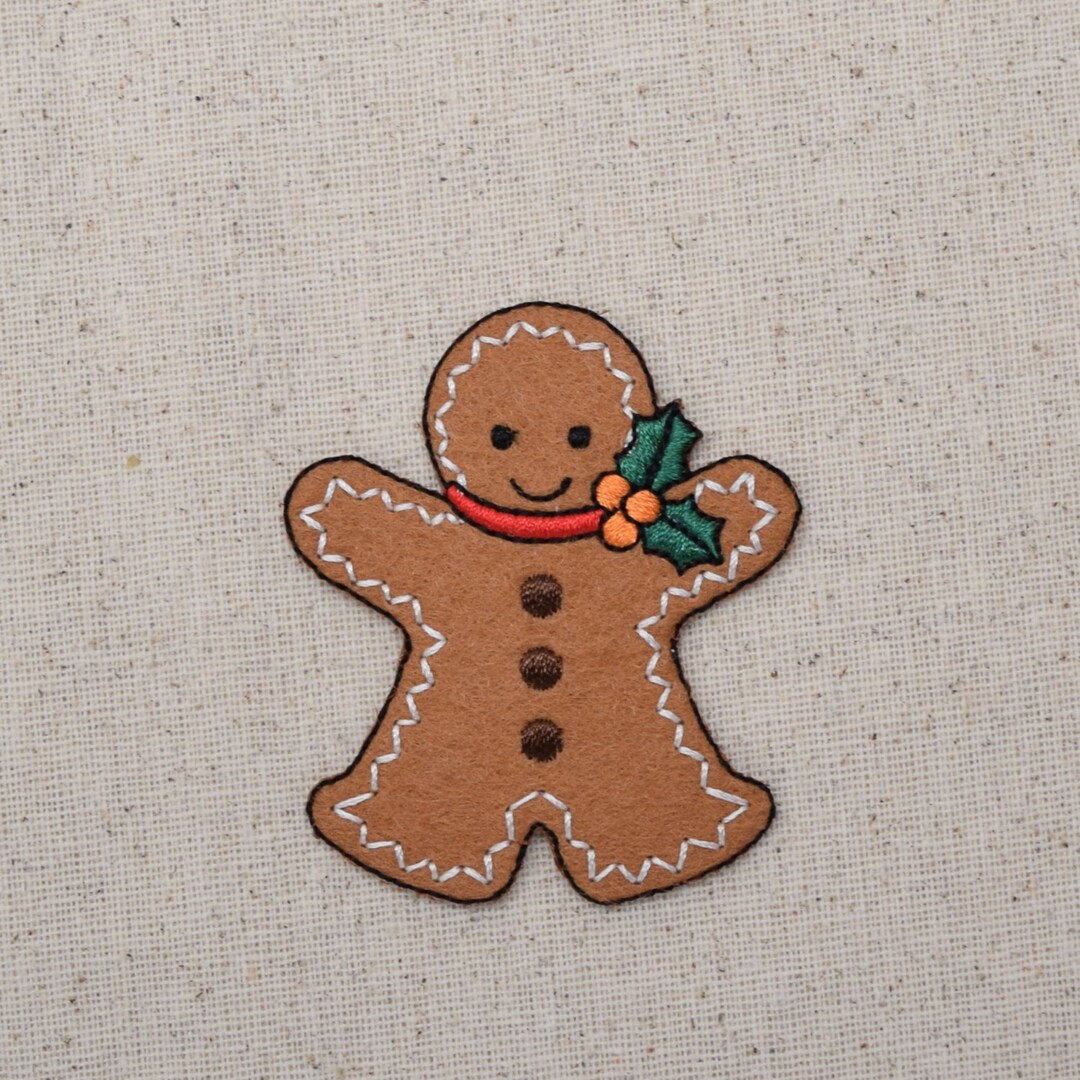Christmas - Gingerbread Man With Holly - Iron on Applique - Embroidered ...
