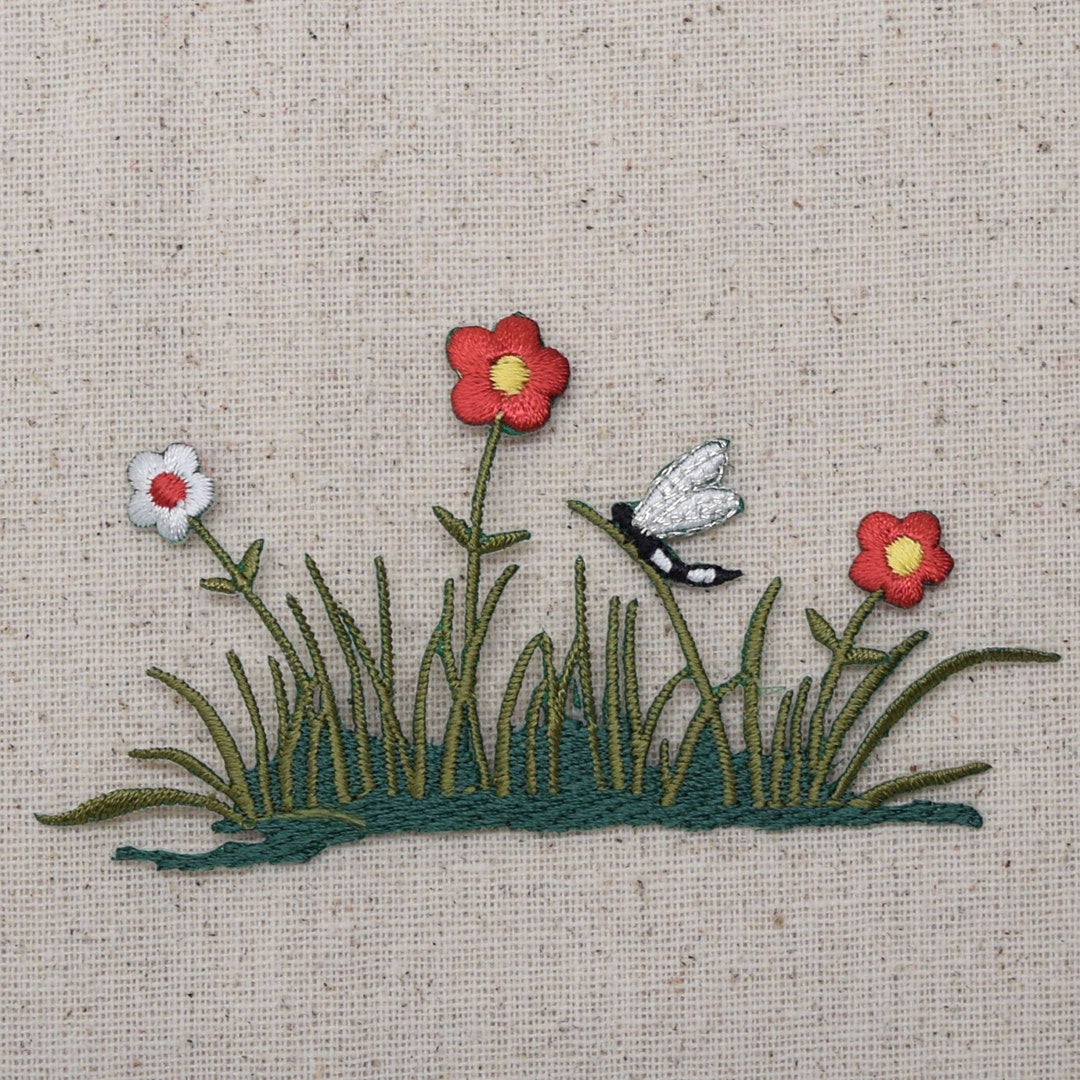 Grass - Red and White Flowers - Patch of Daisies - Dragonfly - Iron on ...