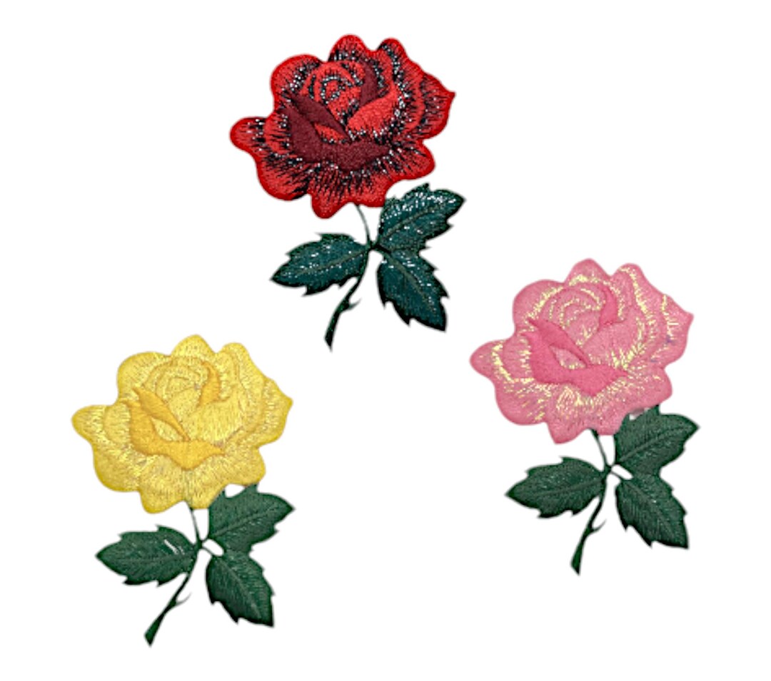 Red, Yellow, or Pink Rose - Open Petals and Stem, Flowers, Embroidered ...