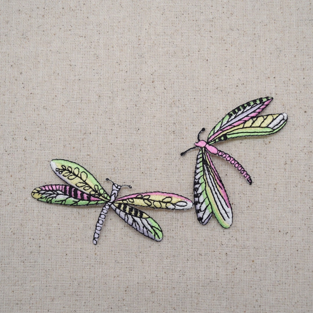 Two Dragonflies - Dragonfly - Lime Green and Pink - Iron on Applique - Embroidered Patch ...