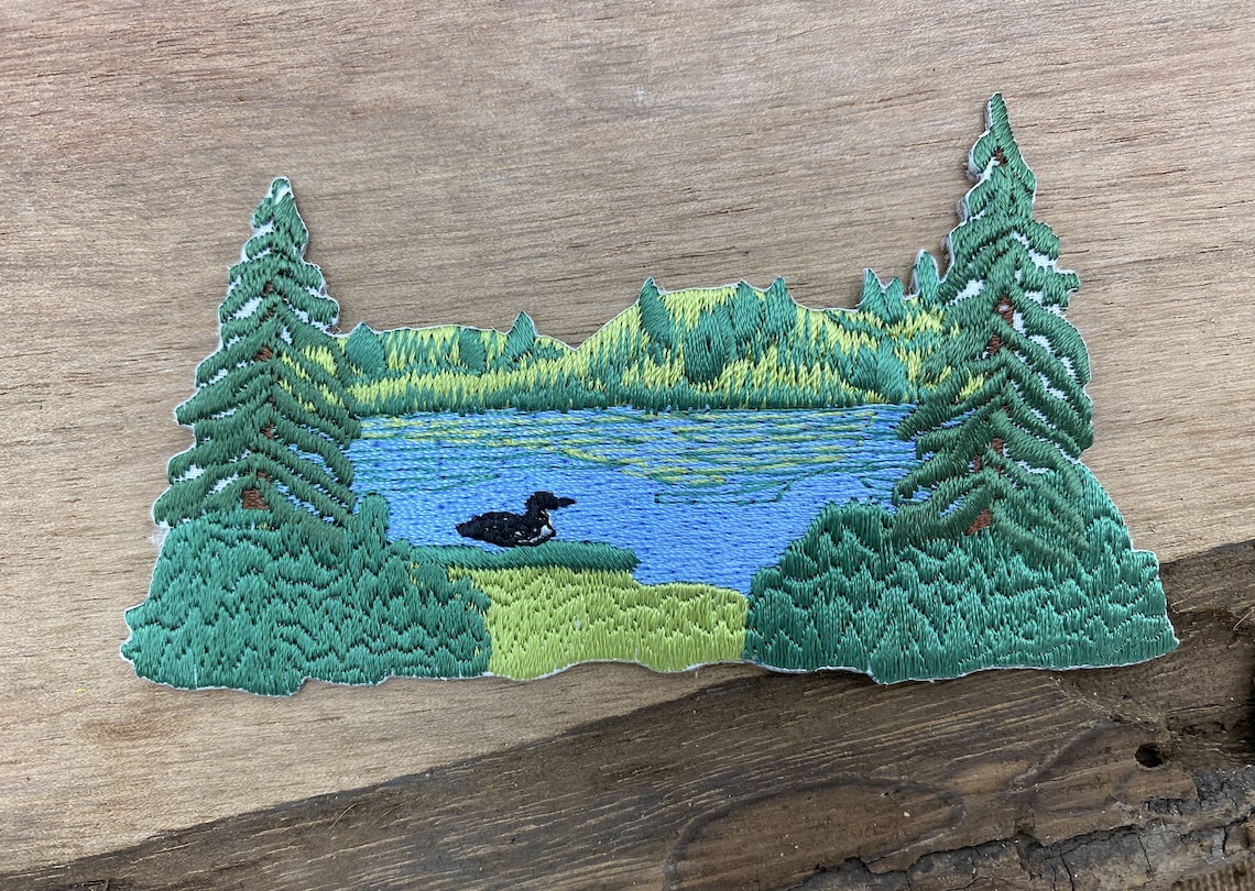 Lake Scene With Loon and Forest Embroidered Iron on Patch | Etsy