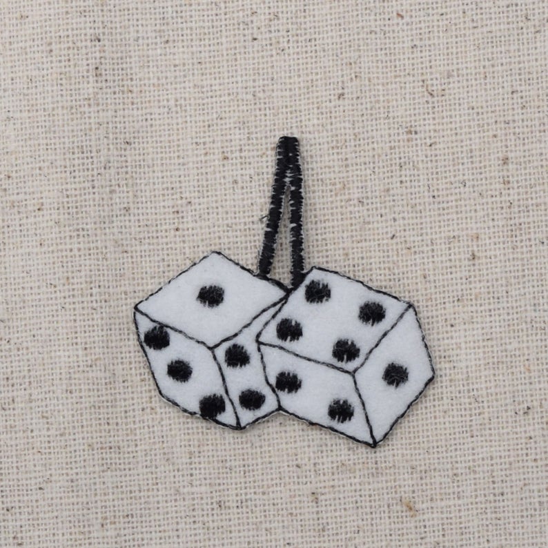 White Fuzzy Dice - 50's Culture - Iron on Applique - Embroidered Patch ...