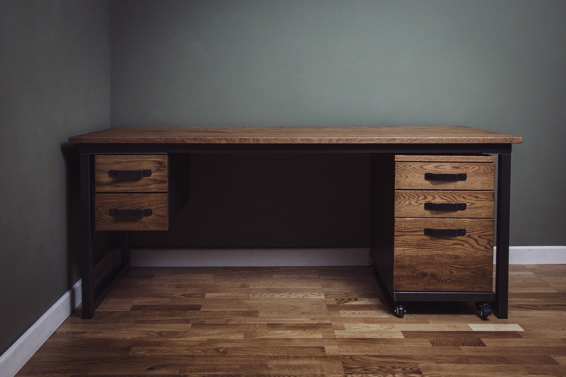 Russell Oak & Steel // Remington Desk With Double Drawer and Filing ...