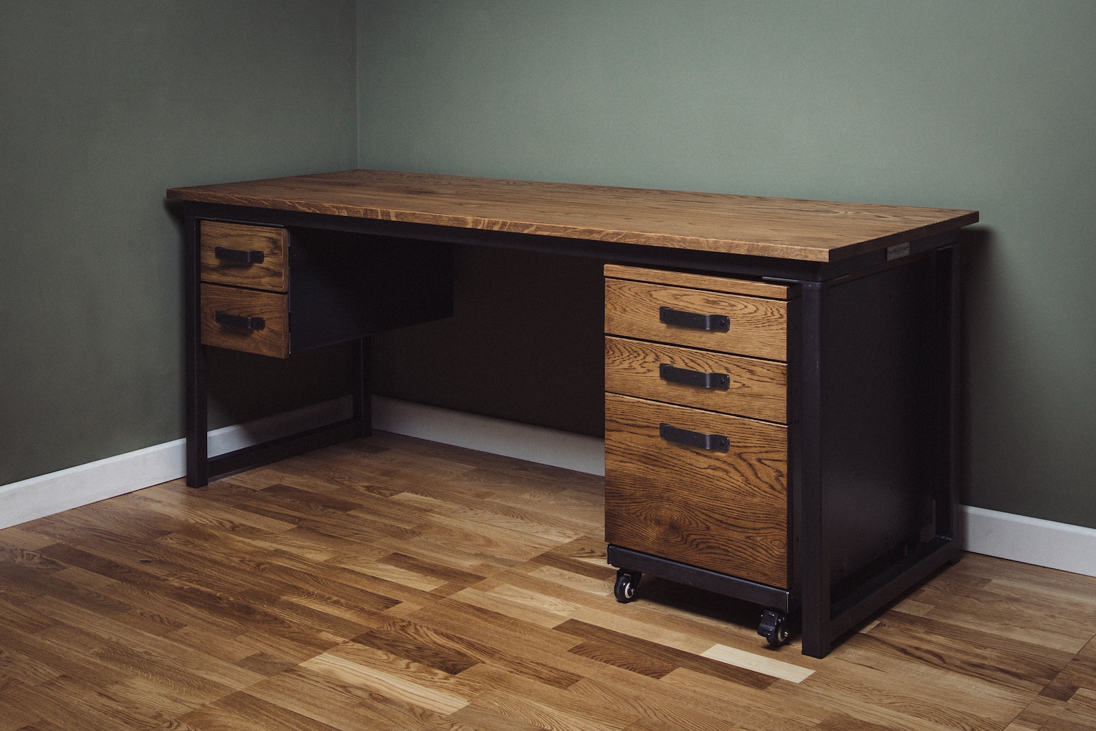 Russell Oak & Steel // Remington Desk With Double Drawer and Filing ...