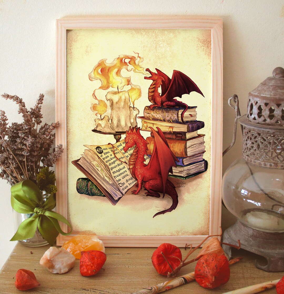 Dragon's Library Paper Prints Wall Art Decor Candle Light Bookshop and ...