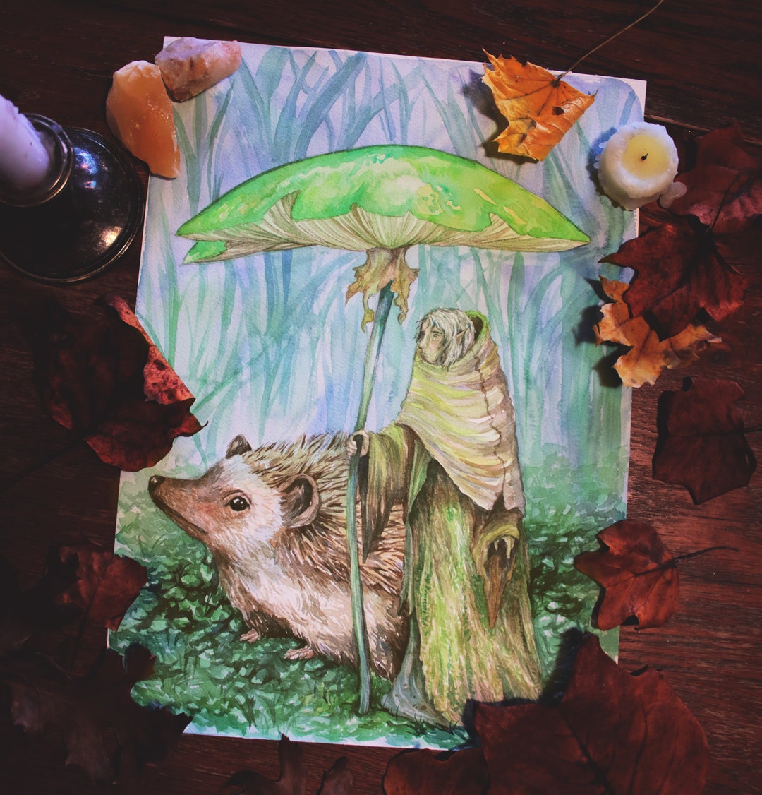 Hedgehog and Mushroom Pixie Watercolor Painting - Etsy