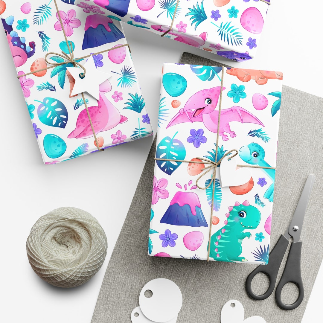 Dinosaur Girl Wrapping Paper Sheets, Girl Dinosaur Party Theme, Pink ...