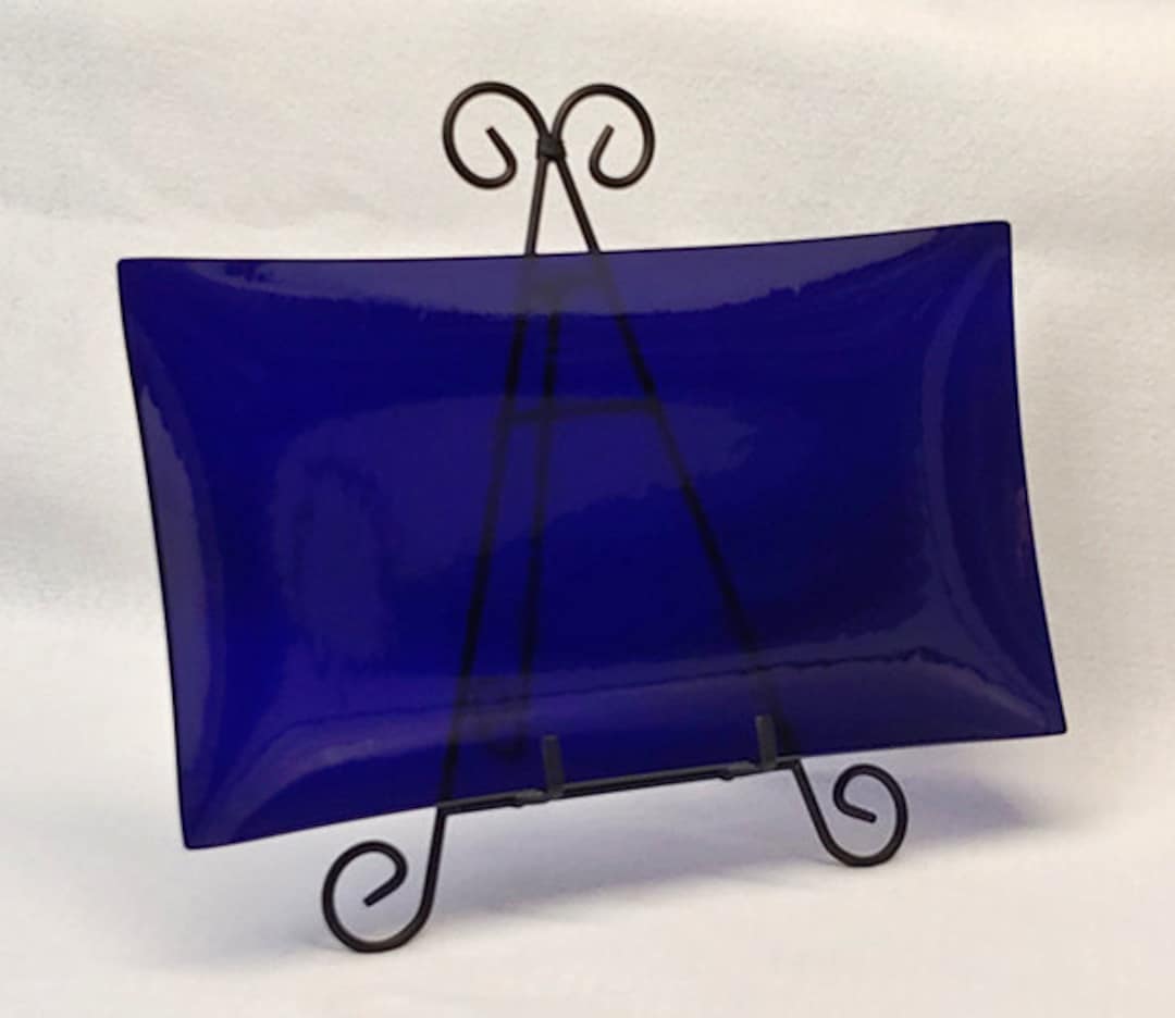 Cobalt Blue Rectangle BENT Glass Plate, 8 X 14, Actual Size 7 3-4 X 13 ...