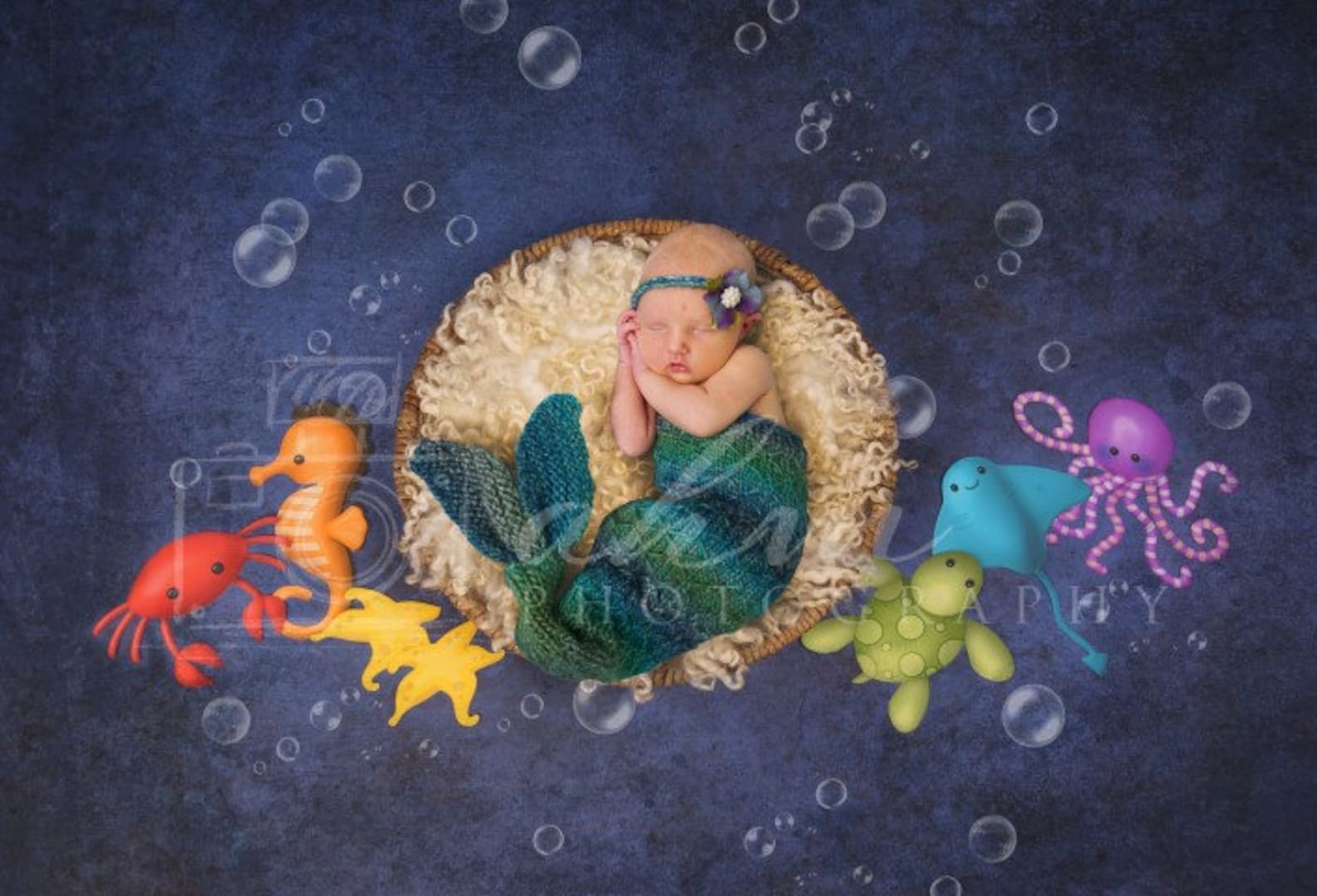 Newborn Digital Backdrop Baby Girl Water Ocean Bubbles Mermaid Theme ...