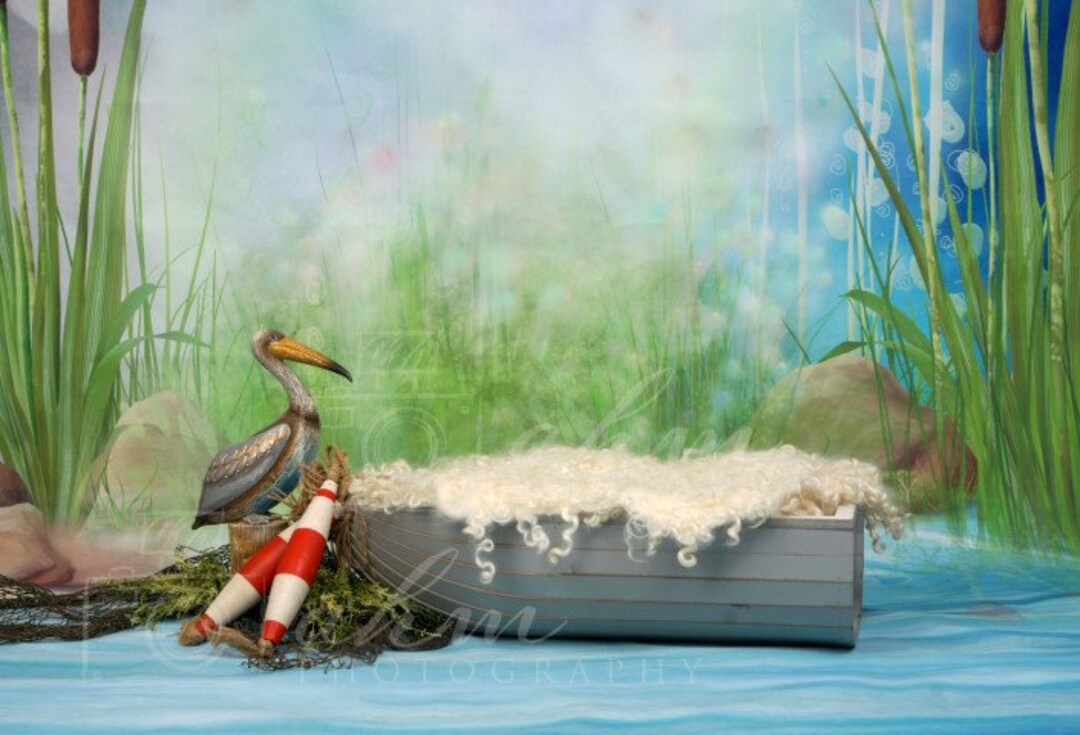 Newborn Digital Backdrop Fishing Boat Fish Water Lake Outdoors Baby Boy ...