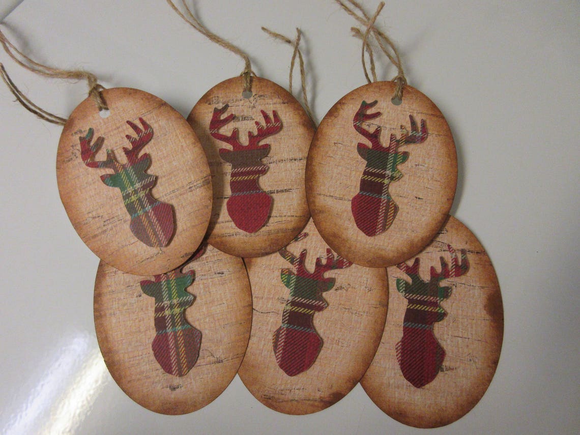6 LARGE Rustic Wood and Plaid Deer Christmas Tags-christmas - Etsy