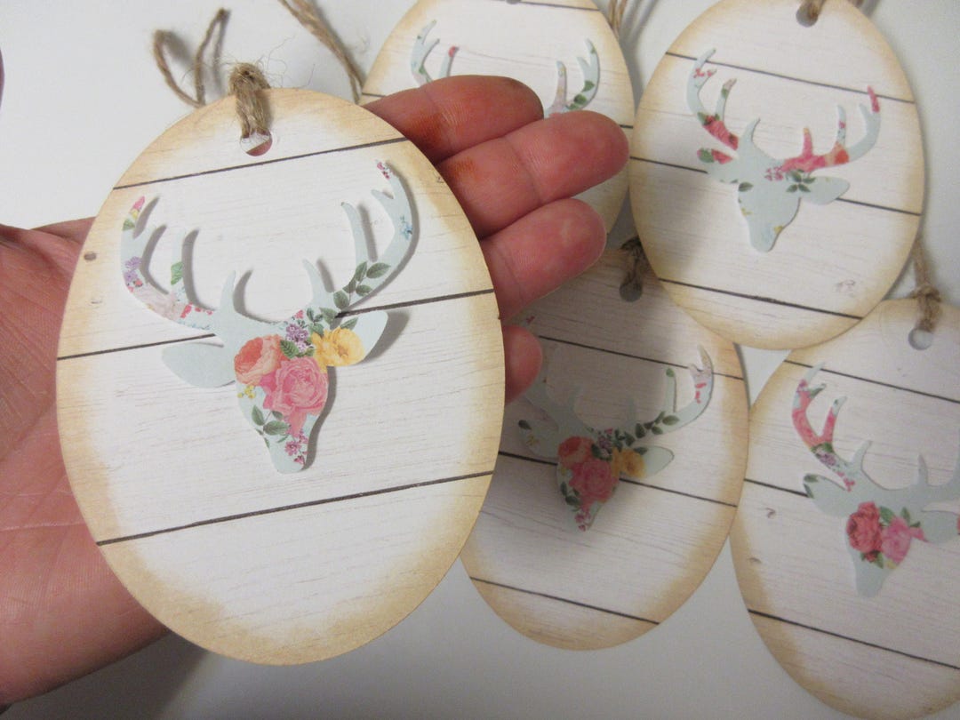 6 LARGE Rustic White Wood Floral Deer Head Tags-deer - Etsy
