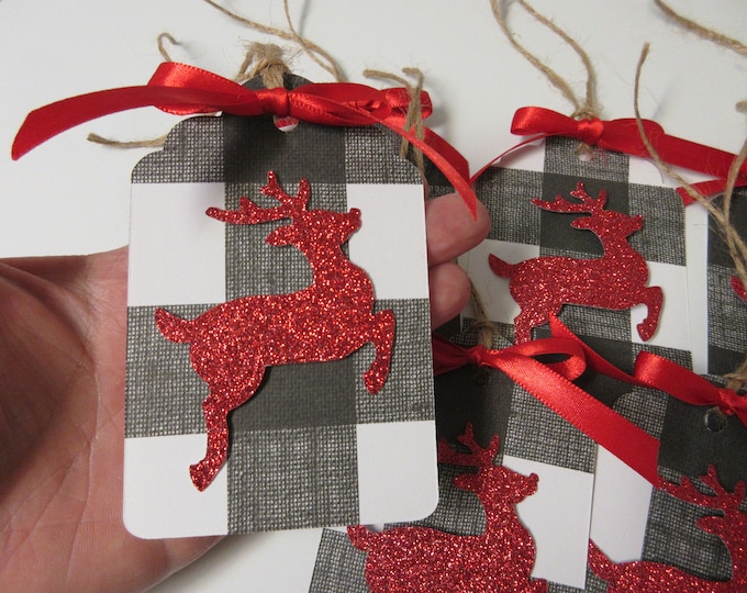 6 Black and White Buffalo Plaid and Red Glitter Handmade Deer Christmas ...