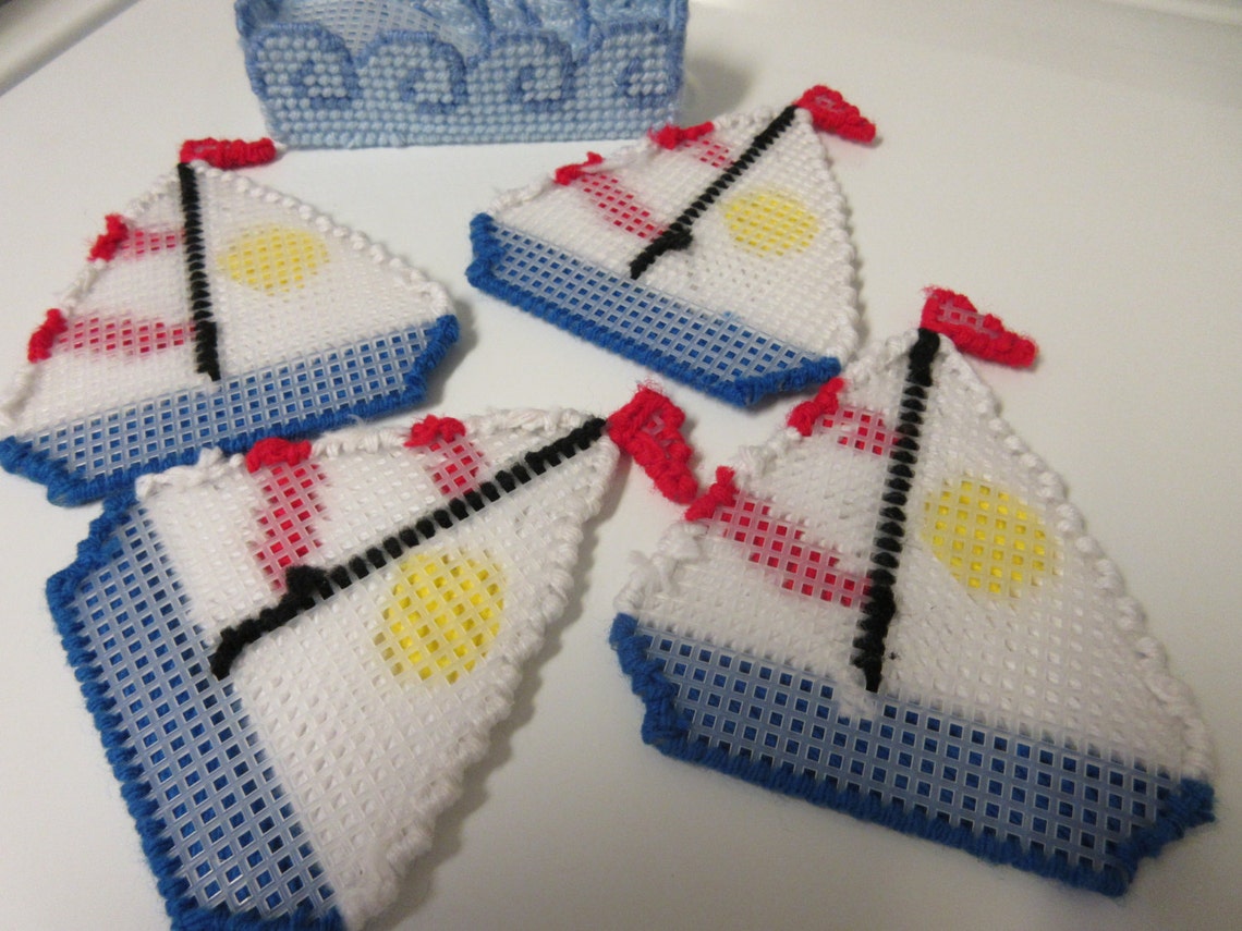 4 Piece Plastic Canvas Sailboat Coasters-summer Decor-summer Coasters ...