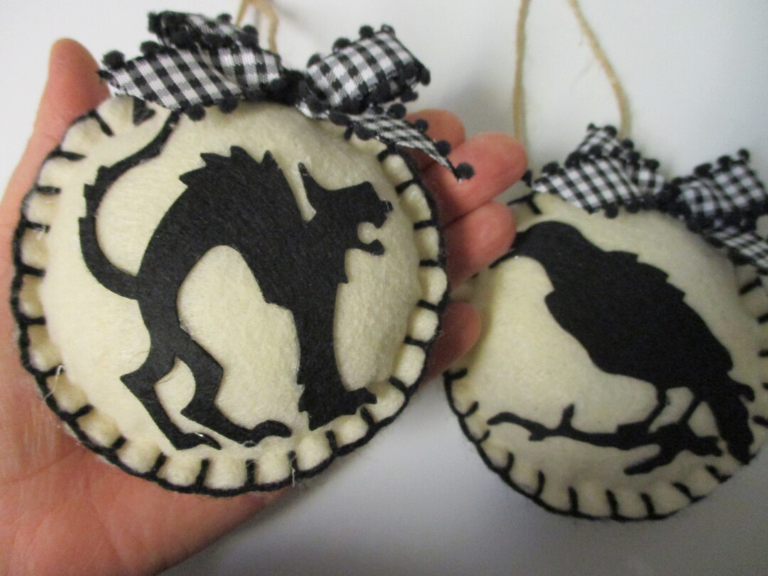 Rustic Cat and Raven Felt Halloween Ornaments-halloween Ornaments ...