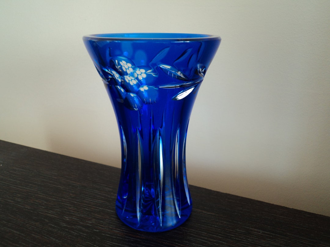 Antique Blue Intaglio Cut Glass Vase - Etsy