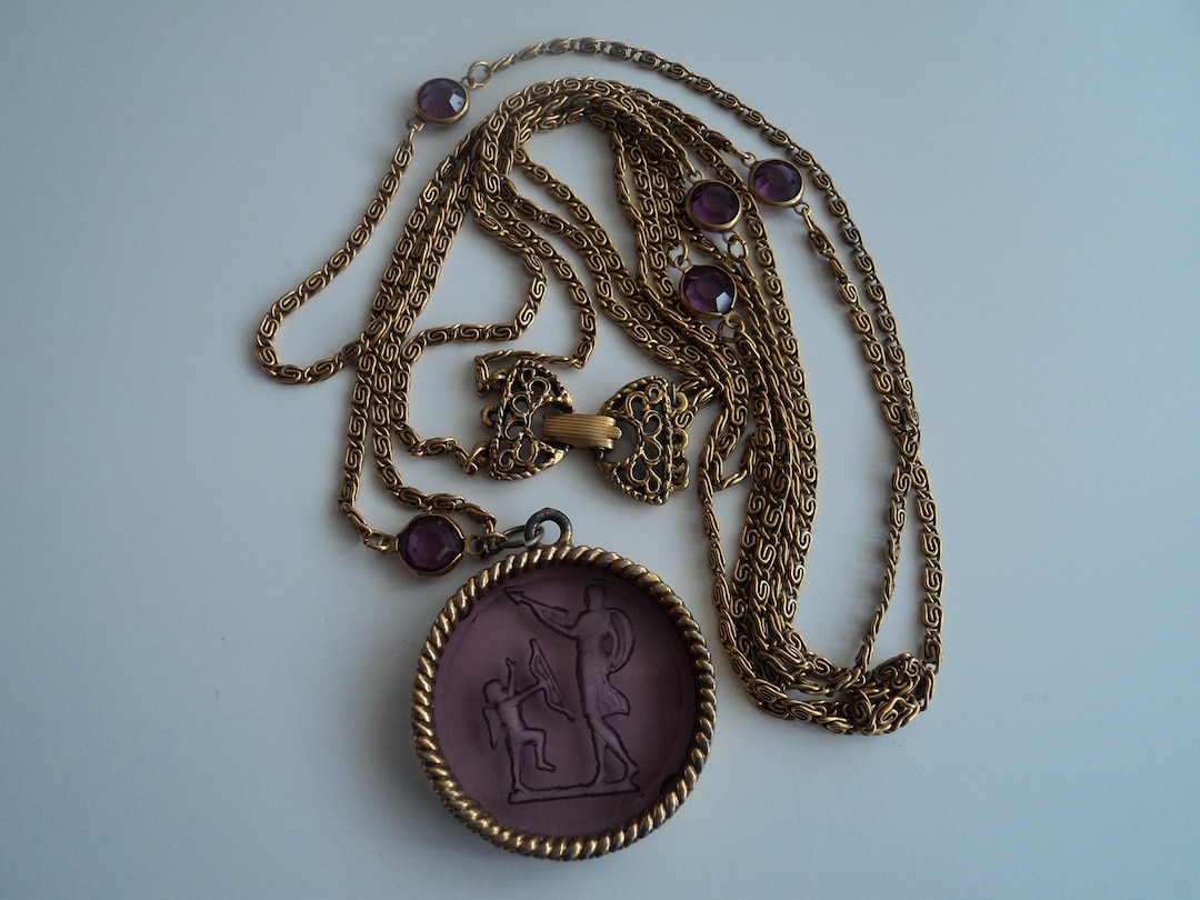 Vintage Goldette Amethyst Color Glass Cupid Intaglio Chain Necklace - Etsy