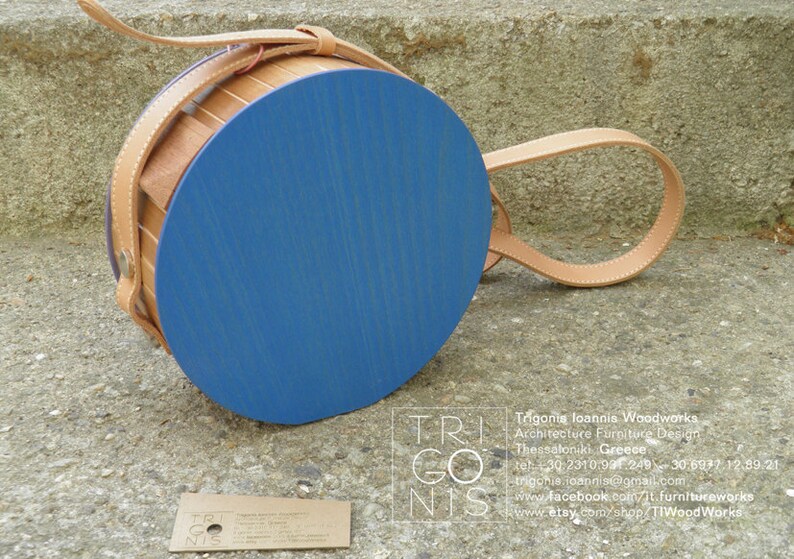 Blue and Purple Round Wooden Pouch Bag With Skin Pink Leather Handle - Etsy