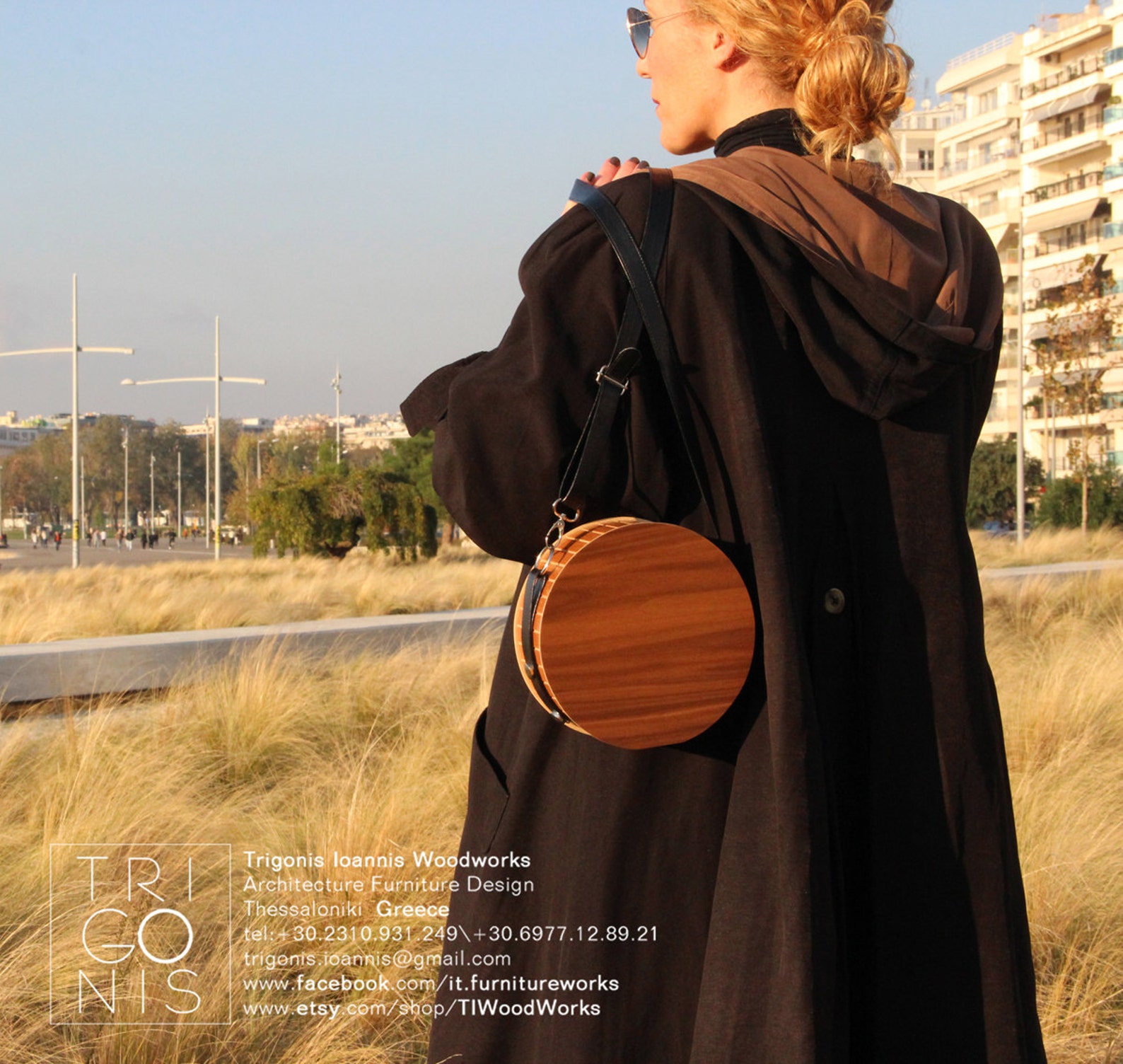 Small Round Wooden Pouch Bag Made of Veneered Walnut and Black Leather ...