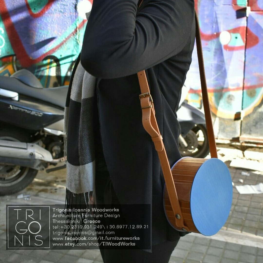 Blue and Purple Round Wooden Pouch Bag With Skin Pink Leather Handle - Etsy