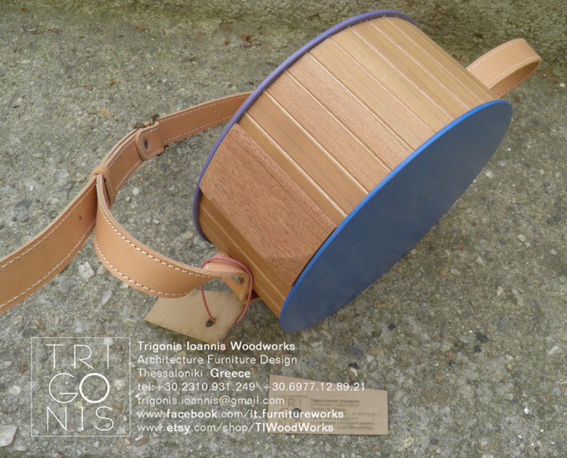 Blue and Purple Round Wooden Pouch Bag With Skin Pink Leather Handle - Etsy