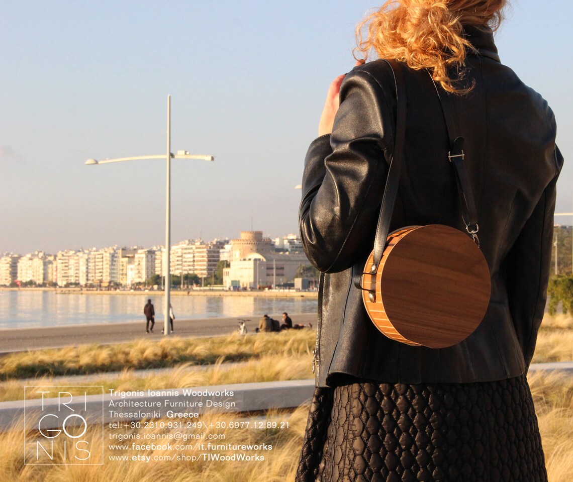 Small Round Wooden Pouch Bag Made of Veneered Walnut and Black Leather ...