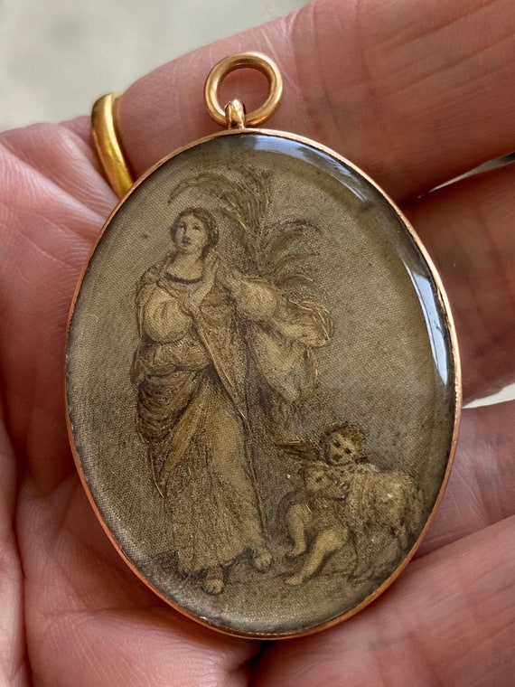 Antique English Gold Mourning Locket with Saint Agnes… - Gem
