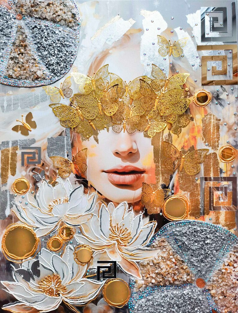 Abstract Woman Painting on Canvas Original Faceless Portrait, Silver Gold Female Art, Lotus ...